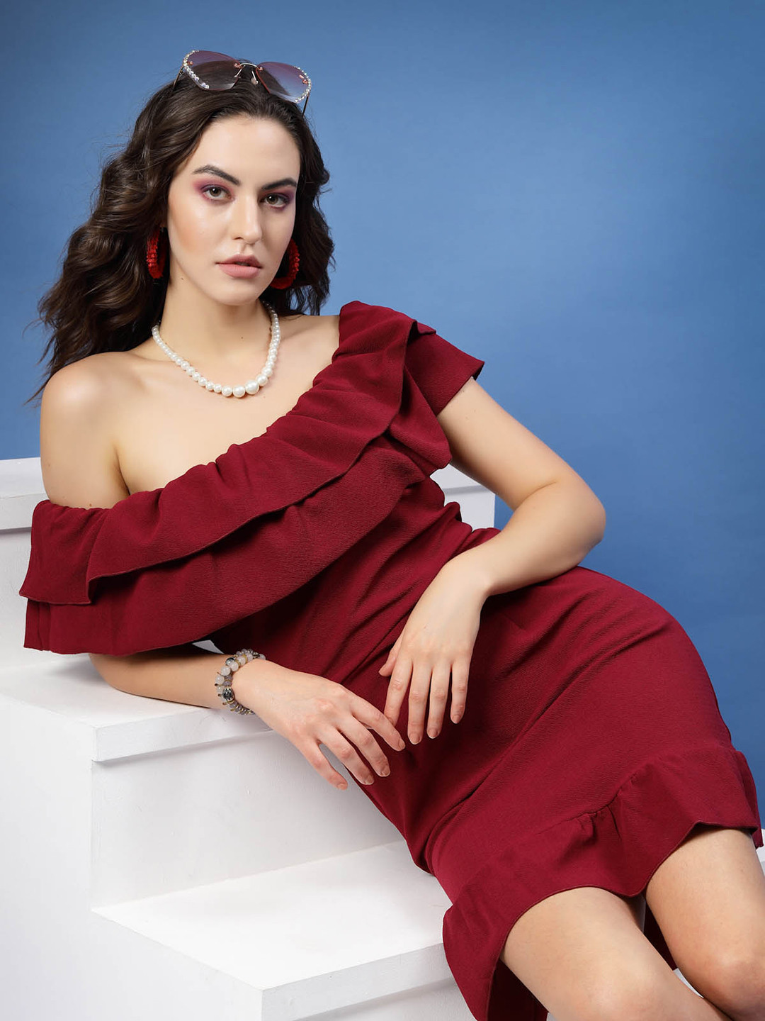 Buy PlusS Maroon Off Shoulder Ruffles Sheath Dress - Dresses for Women ...