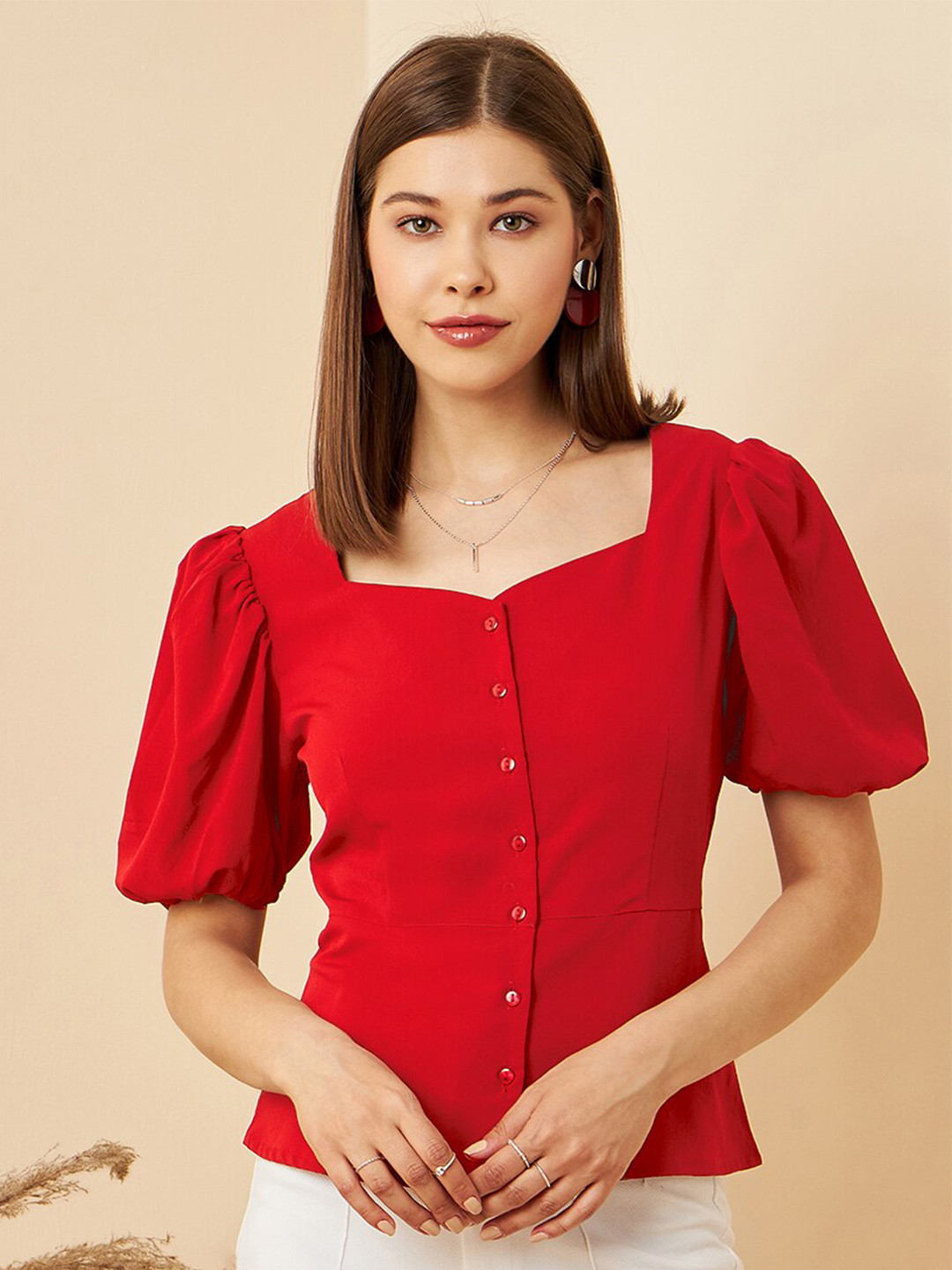 Buy RARE Red Puff Sleeve Shirt Style Top - Tops for Women 23958896 | Myntra