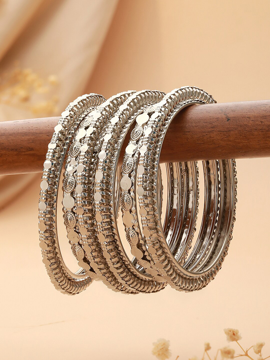 Buy Jazz And Sizzle Set Of 6 Silver Plated Oxidised Textured Bangles ...