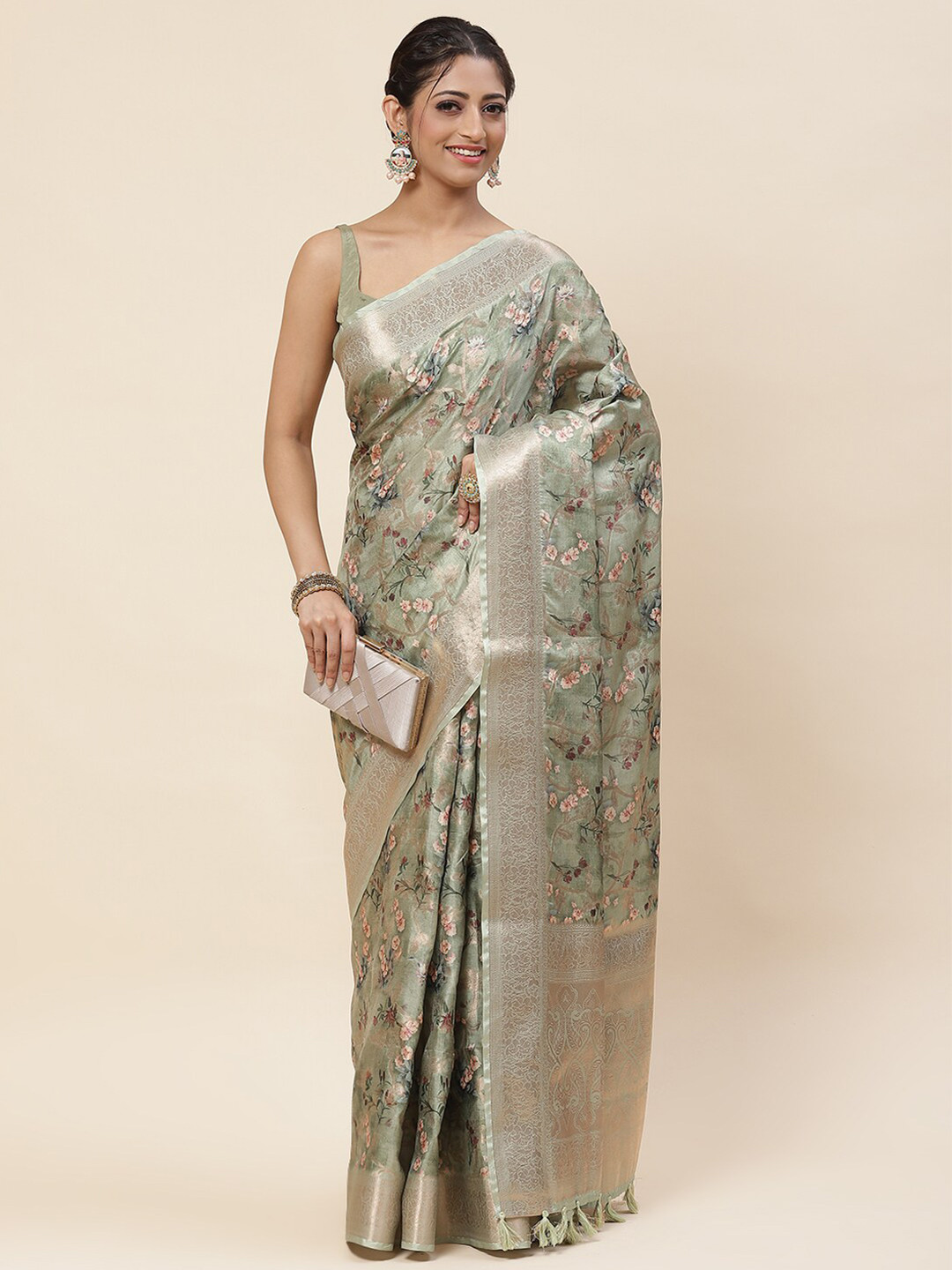 Buy Meena Bazaar Floral Printed Woven Design Zari Saree - Sarees for ...