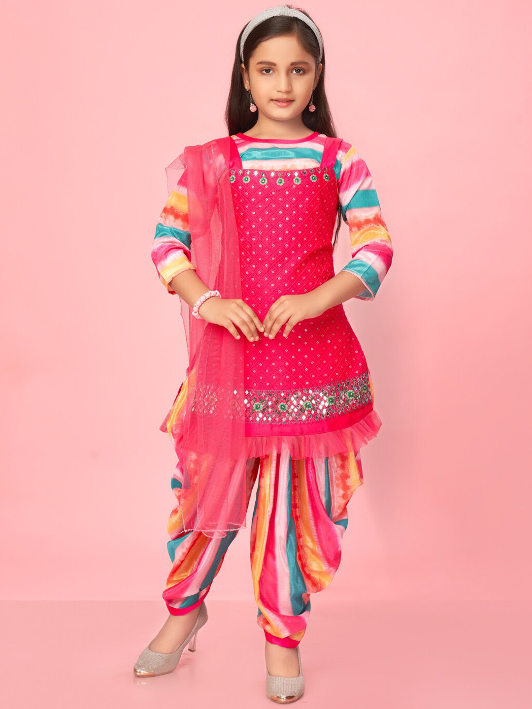 Buy BAESD Girls Striped Printed Mirror Work Detailed Pure Silk Kurta ...