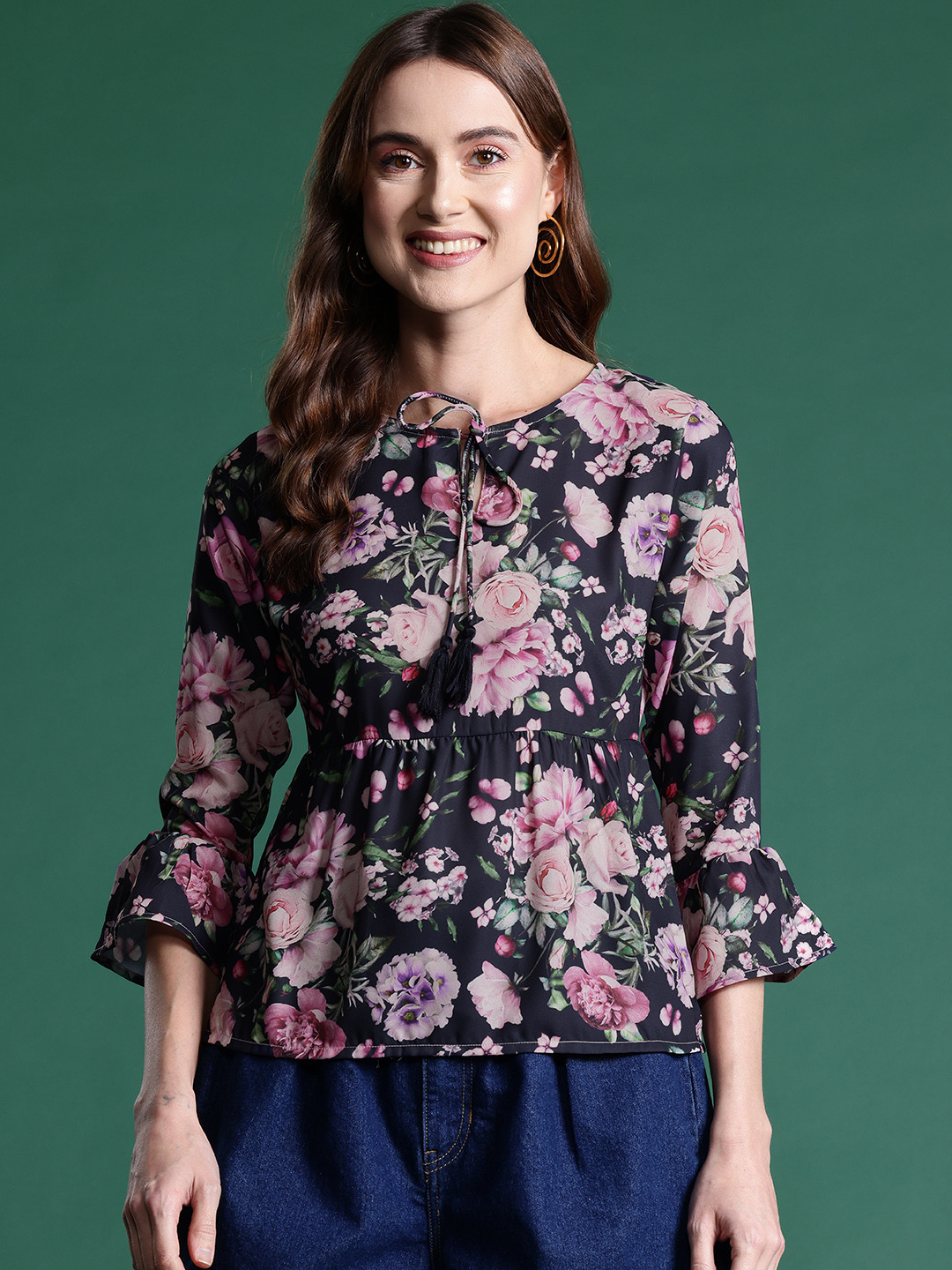 Buy DressBerry Floral Print Tie Up Neck Poet Sleeves Peplum Top - Tops ...