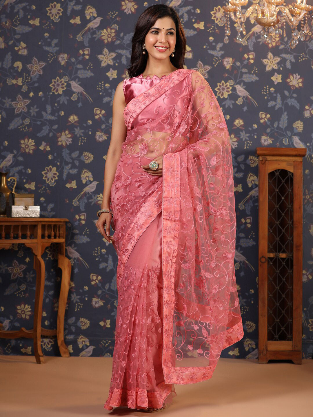 Buy House Of Pataudi Floral Embroidered Net Sarees - Sarees for Women ...