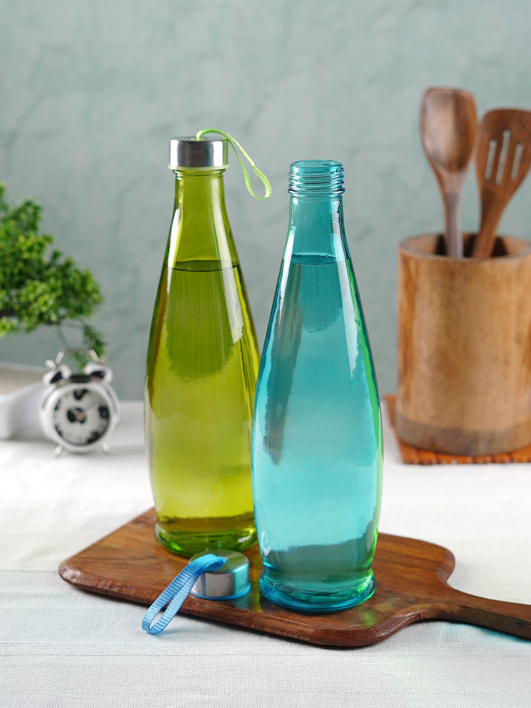 Buy Ceradeco Olive & Blue 2 Pieces Glass Water Bottle 1L - Water Bottle ...