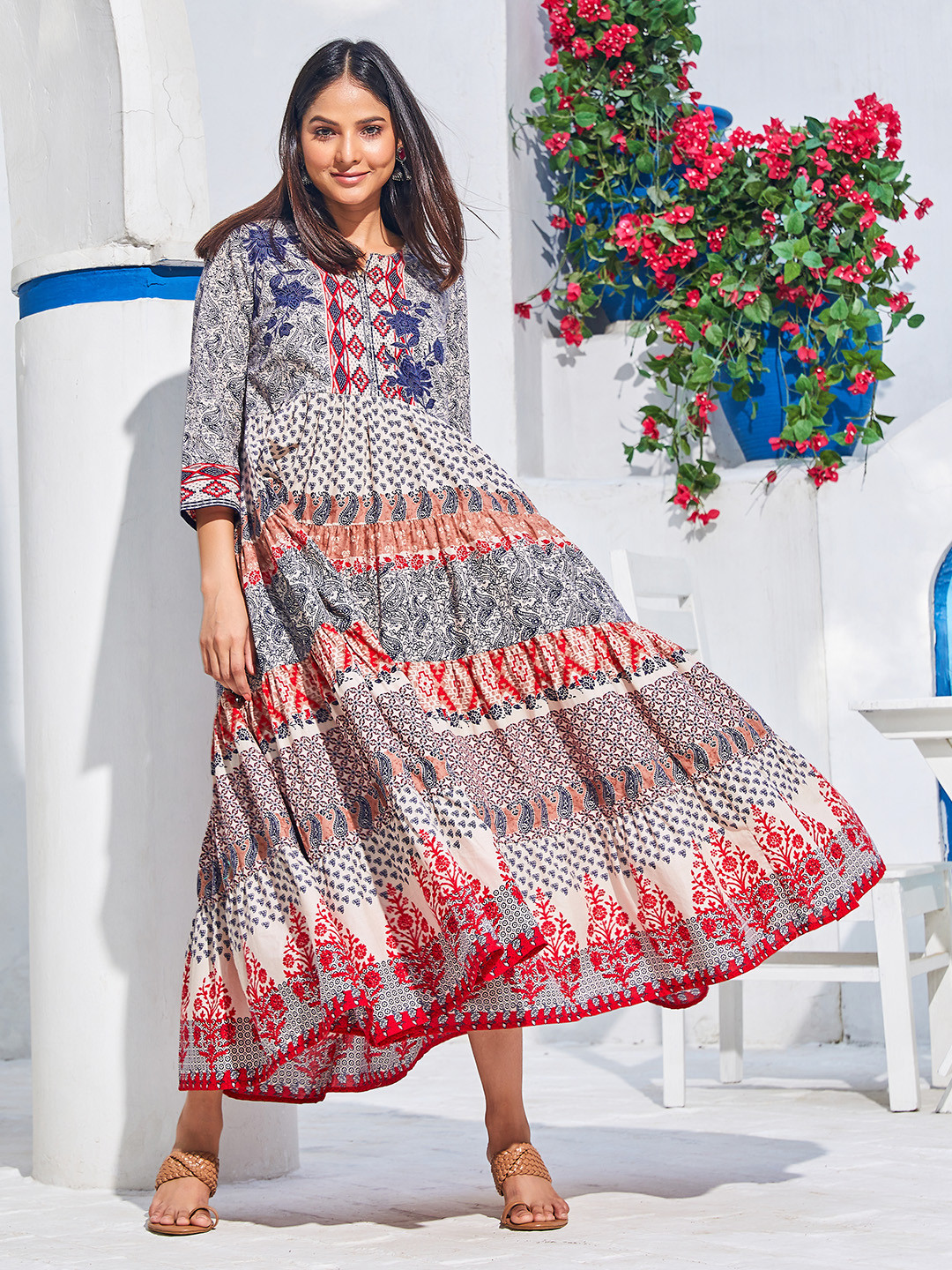 Buy Biba Ethnic Motifs Printed Fit & Flare Tiered Cotton Ethnic Dress ...