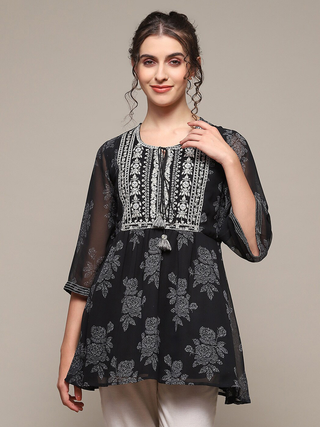 Buy Biba Black Floral Printed Embroidered Detail Tie Up Neck A Line Top ...