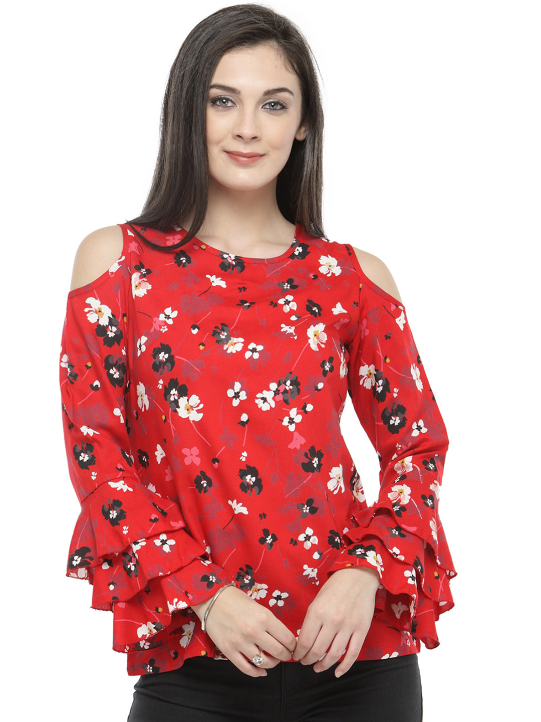Buy PlusS Women Red Cold Shoulder Printed Top - Tops for Women 2398731 ...