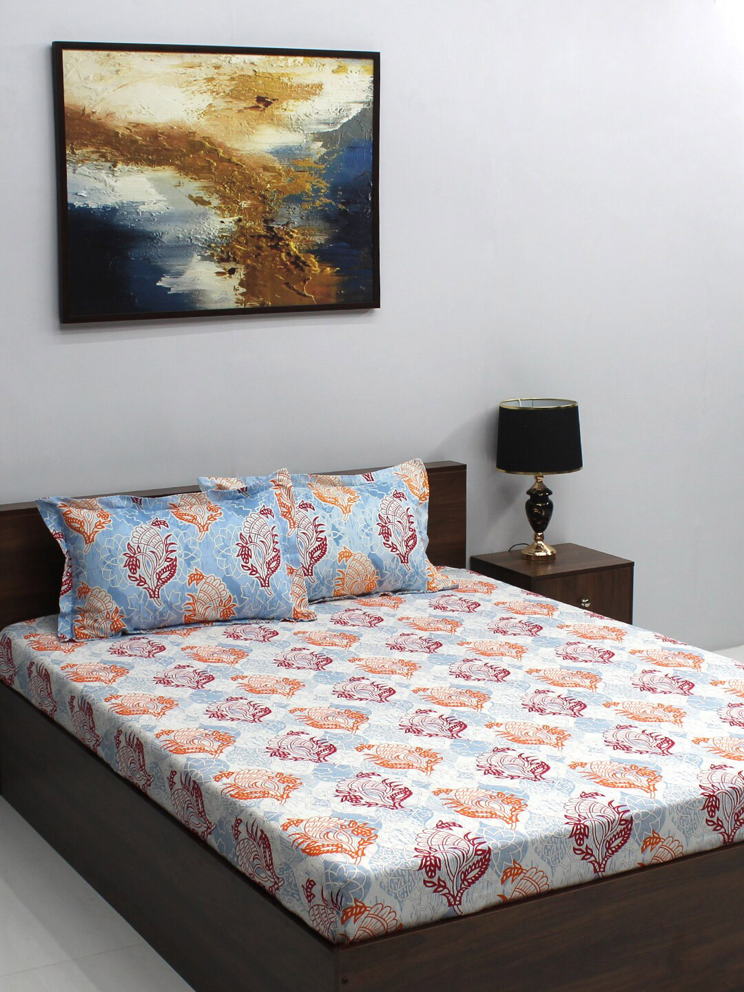 Buy BOMBAY DYEING Orange & Blue Floral Pure Cotton 110 TC Queen ...