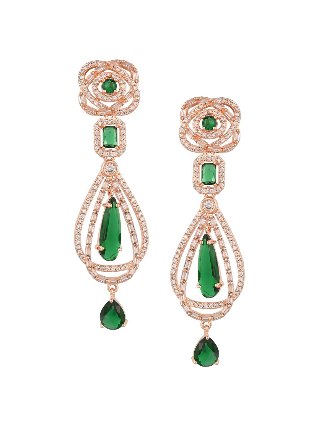Buy RATNAVALI JEWELS Rose Gold Plated American Diamond Studded Teardrop Shaped Drop Earrings ...