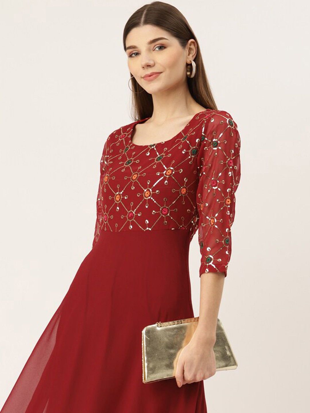 Buy DressBerry Red Embellished Sequined Round Neck Fit & Flare Maxi ...