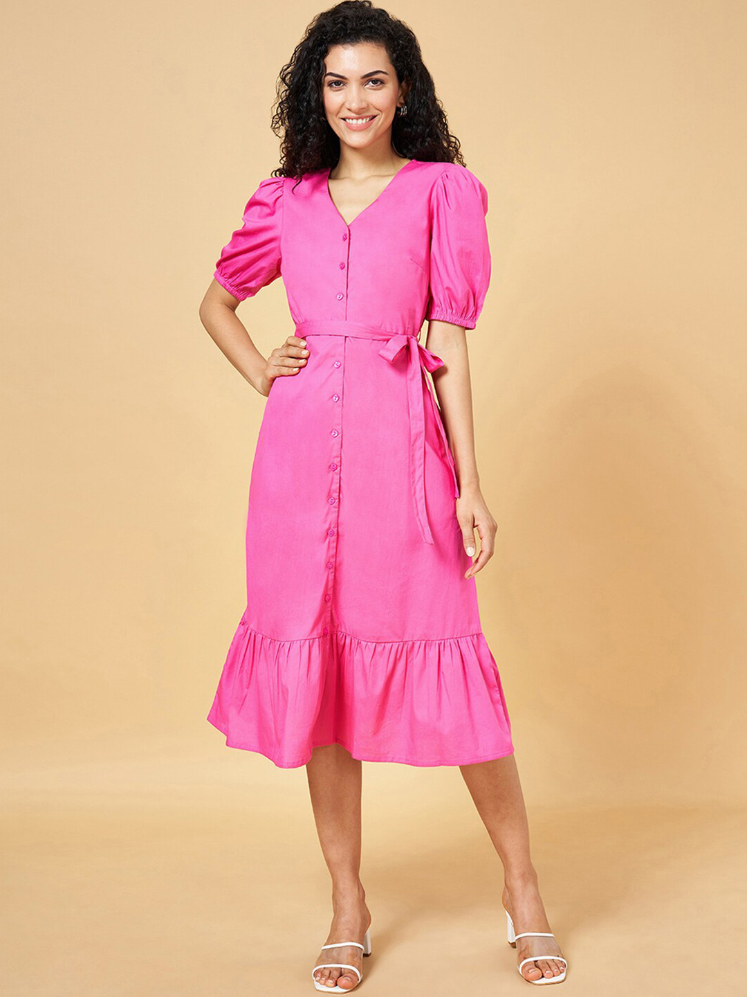 Buy Honey By Pantaloons V Neck Puff Sleeve Cotton A Line Midi Dress ...