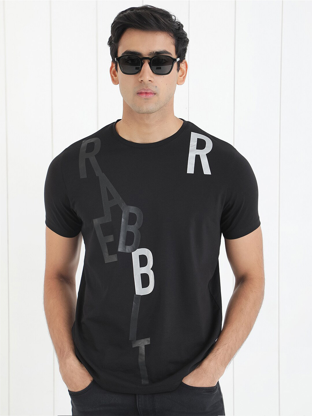 Buy RARE RABBIT Men Heras Typography Printed Cotton Slim Fit T Shirt ...