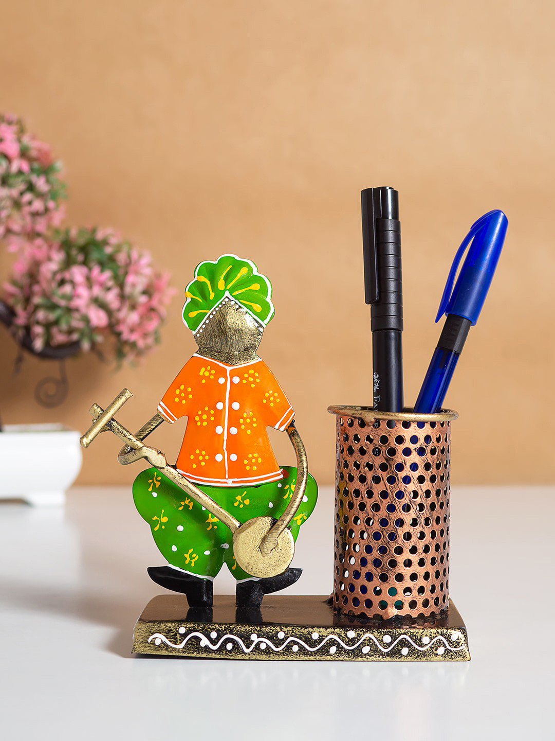 Buy Golden Peacock Green & Orange Coloured Musician Pen Stand Showpiece ...