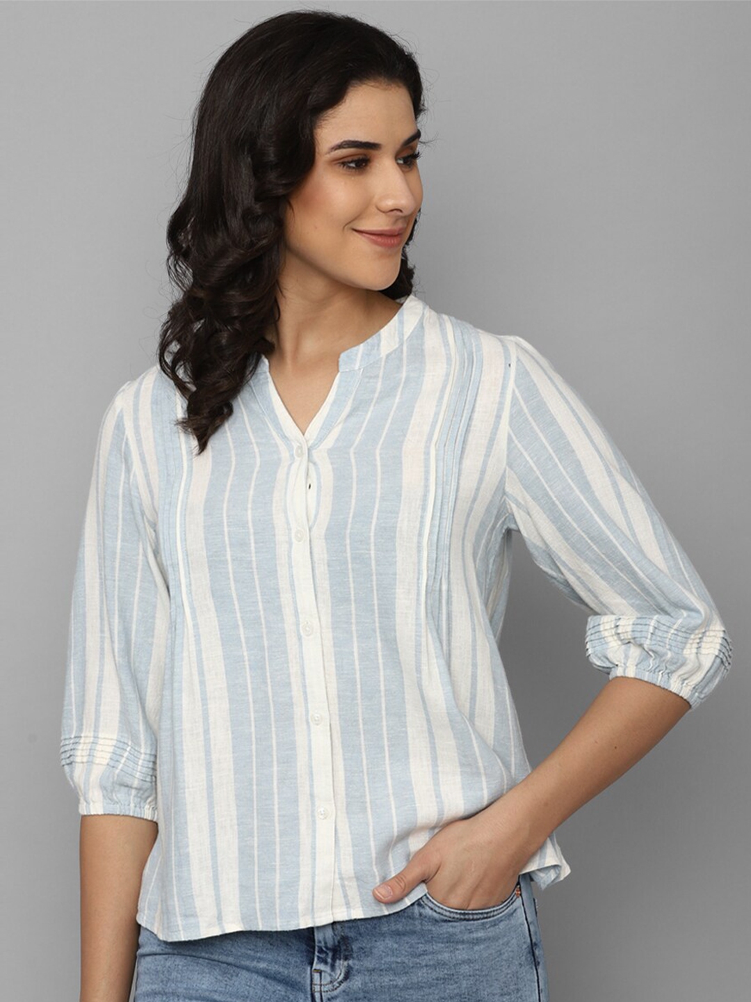 Buy Allen Solly Woman Regular Fit Striped Mandarin Collar Casual Shirt