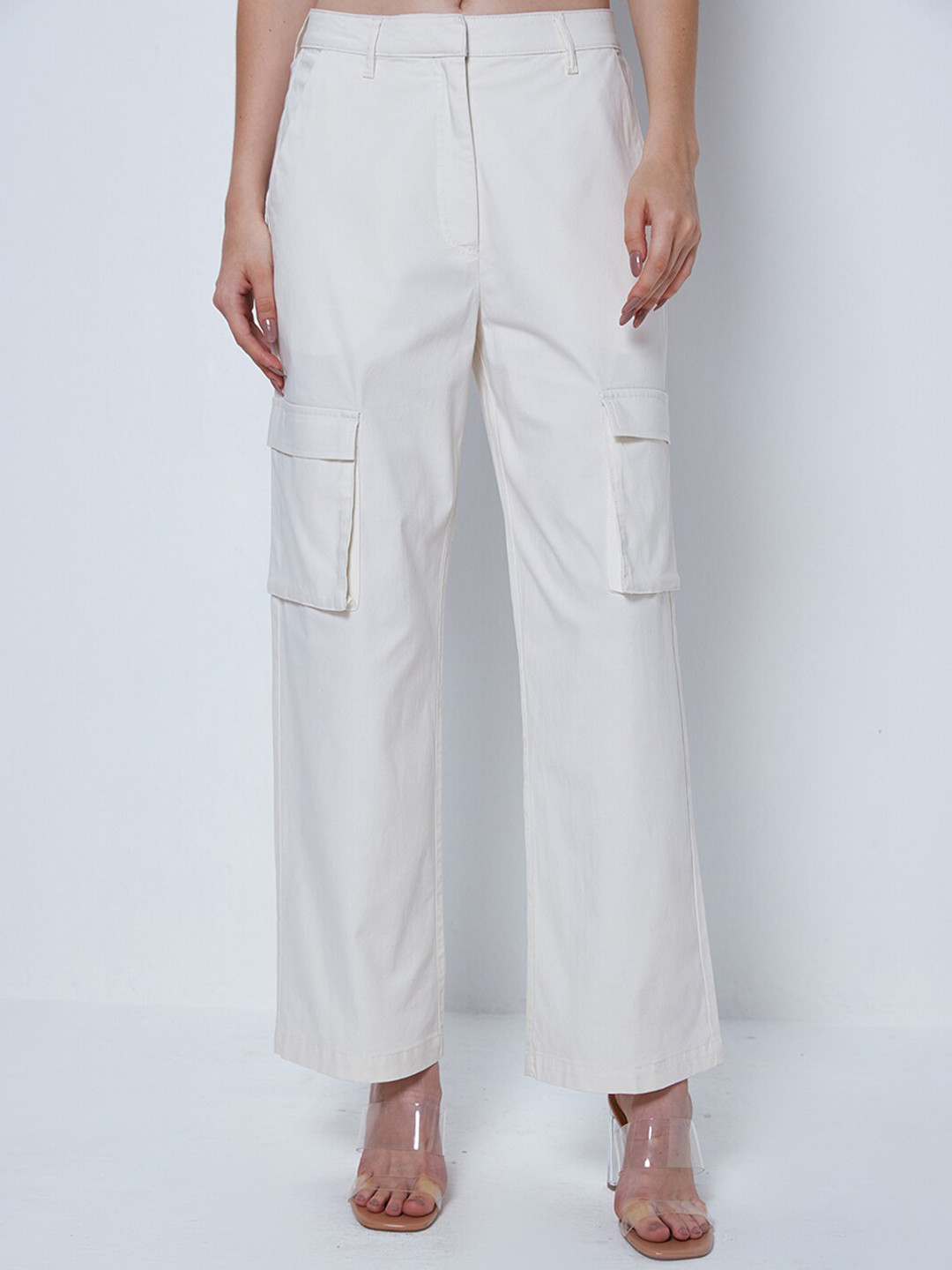 Buy COVER STORY Off White Women Mid Rise Cotton Cargos Trousers ...