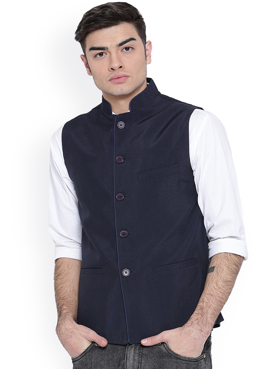 Buy NEVA Men Navy Blue Solid Open Front Jacket - Jackets for Men ...