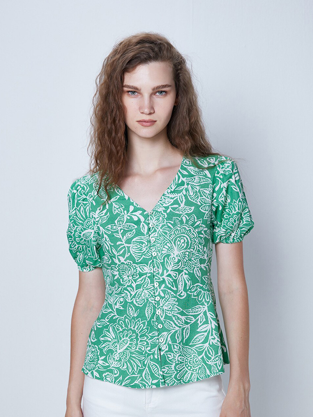 Buy COVER STORY Green Floral Printed V Neck Puff Sleeve A Line Top ...