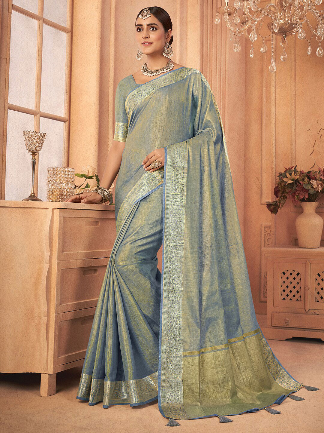 Buy Saree Mall Gunmetal Toned & Gold Toned Zari Tissue Banarasi Sarees ...