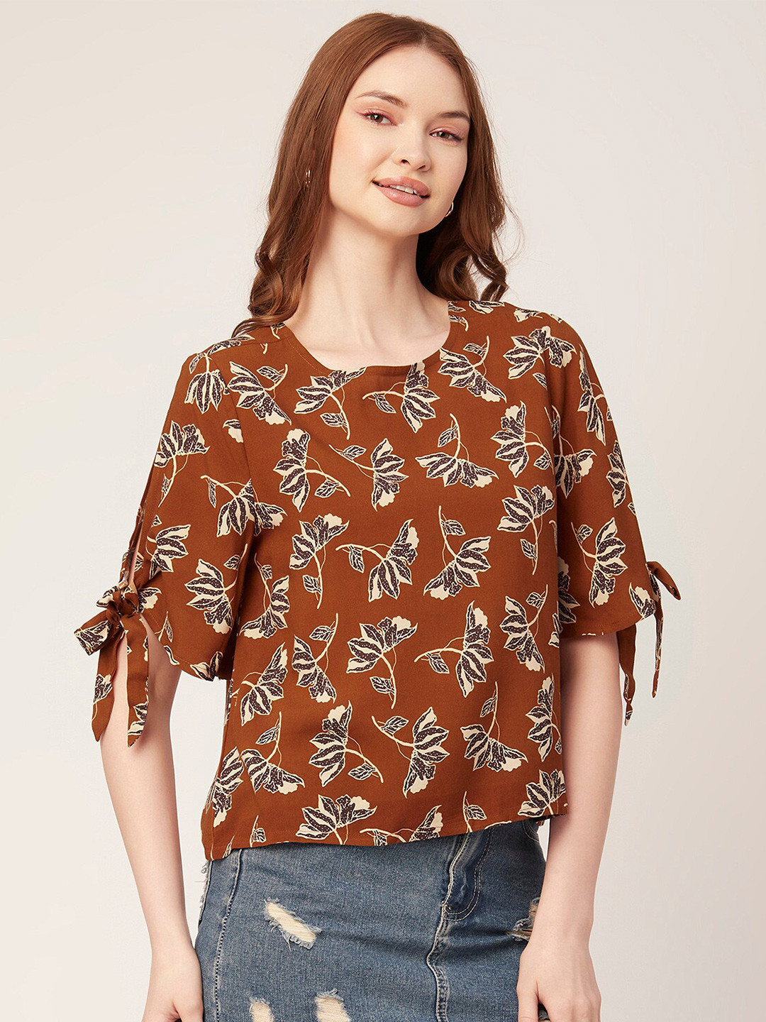 Buy Moomaya Floral Printed Slit Sleeves Tie Ups A Line Top - Tops for ...