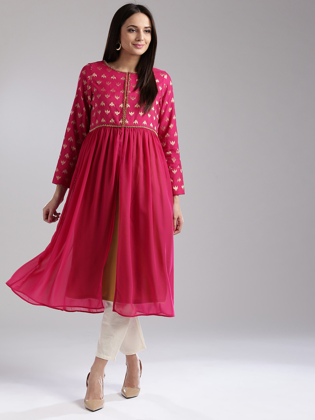 Buy WISHFUL By W Women Pink Self Design Layered A Line Kurta - Kurtas ...