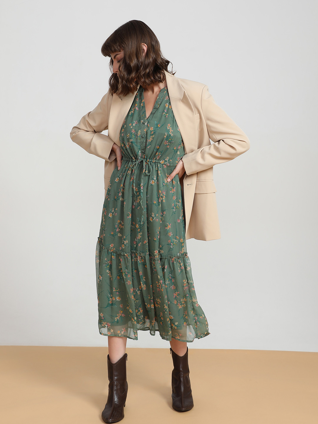 Buy Vero Moda Floral Print Extended Sleeve A Line Midi Dress - Dresses ...