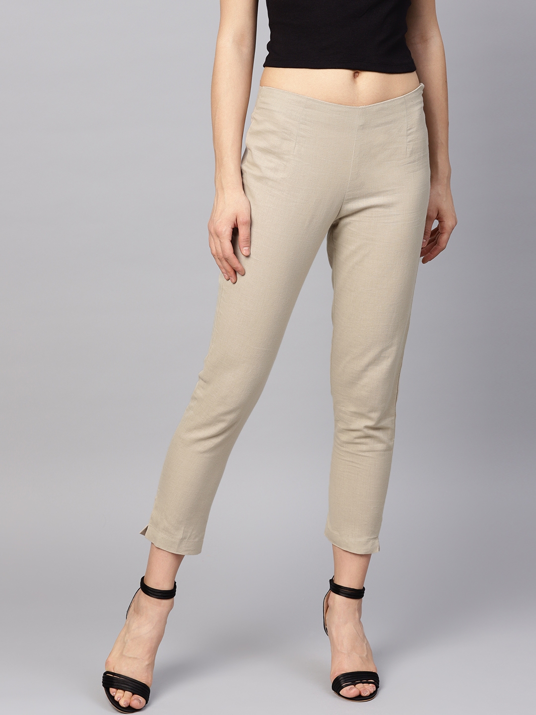 Buy W Women Beige Regular Fit Solid Cropped Trousers Trousers For Women 2403235 Myntra