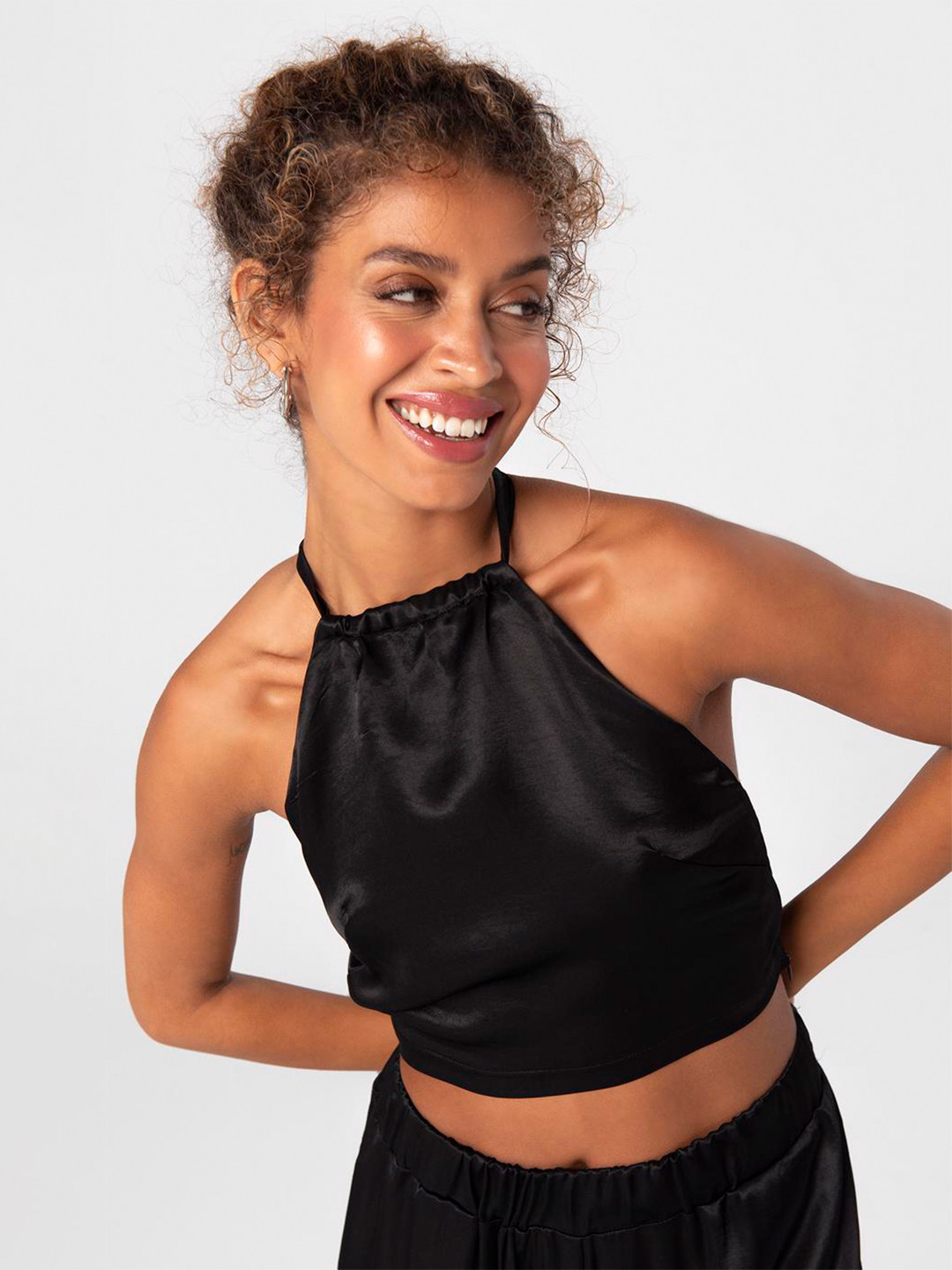 Buy PRET A TUER Halter Neck Satin Regular Crop Top - Tops for Women ...