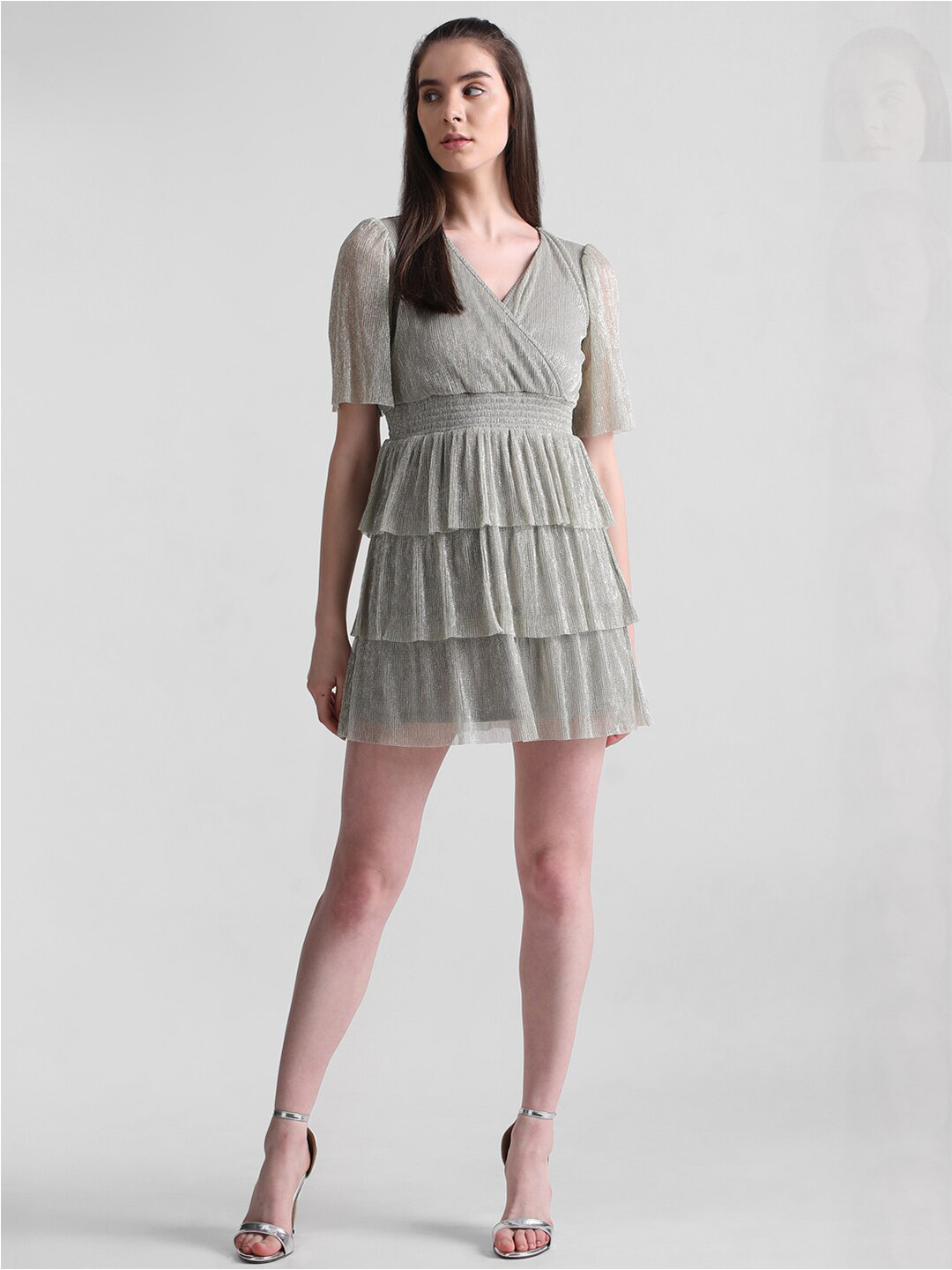 Buy ONLY Smocked V Neck Flared Sleeves Tiered Mini Sheen Wrap Dress ...