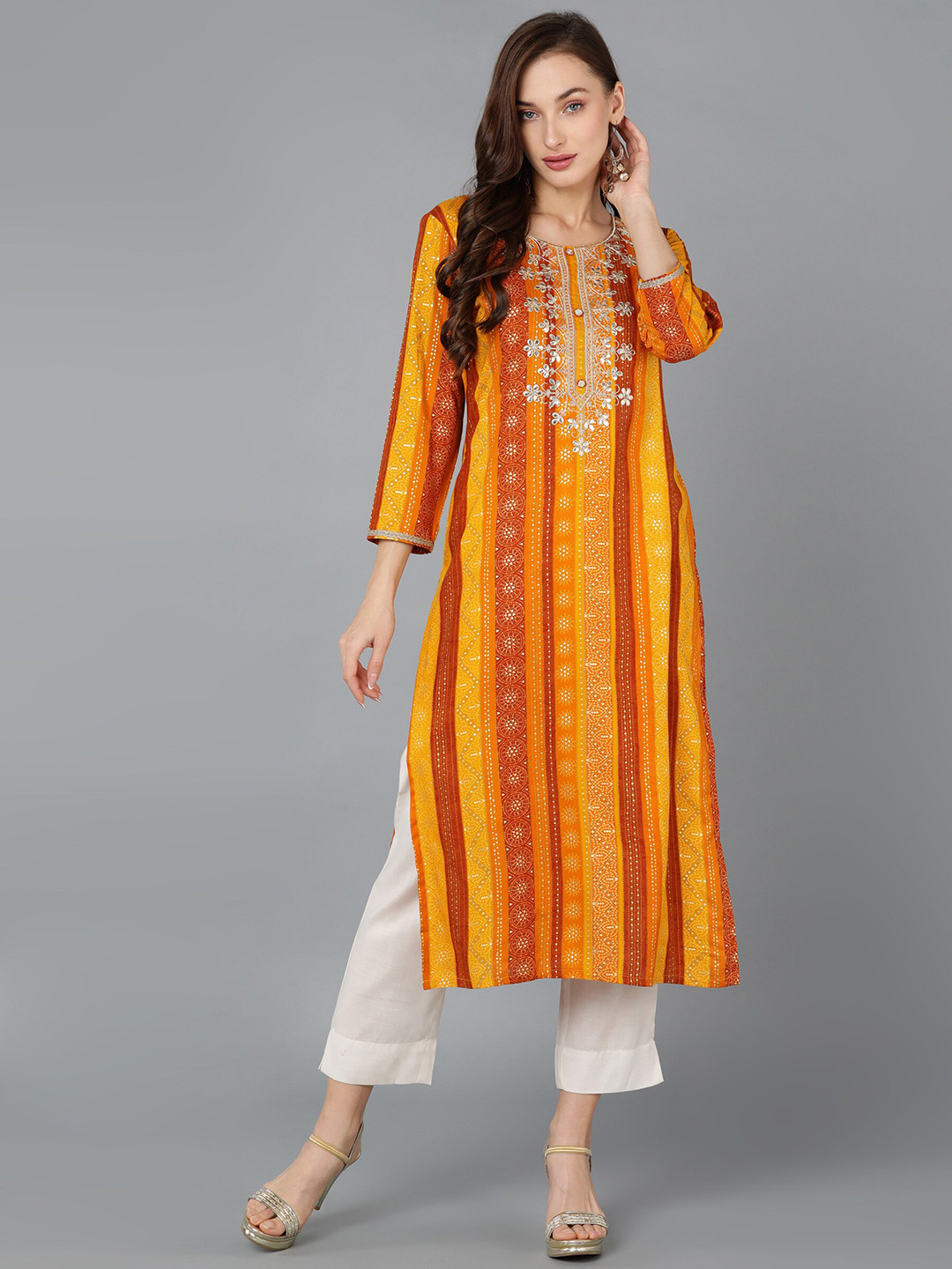 Buy AHIKA Orange Ethnic Motifs Embroidered Gotta Patti Kurta - Kurtas ...