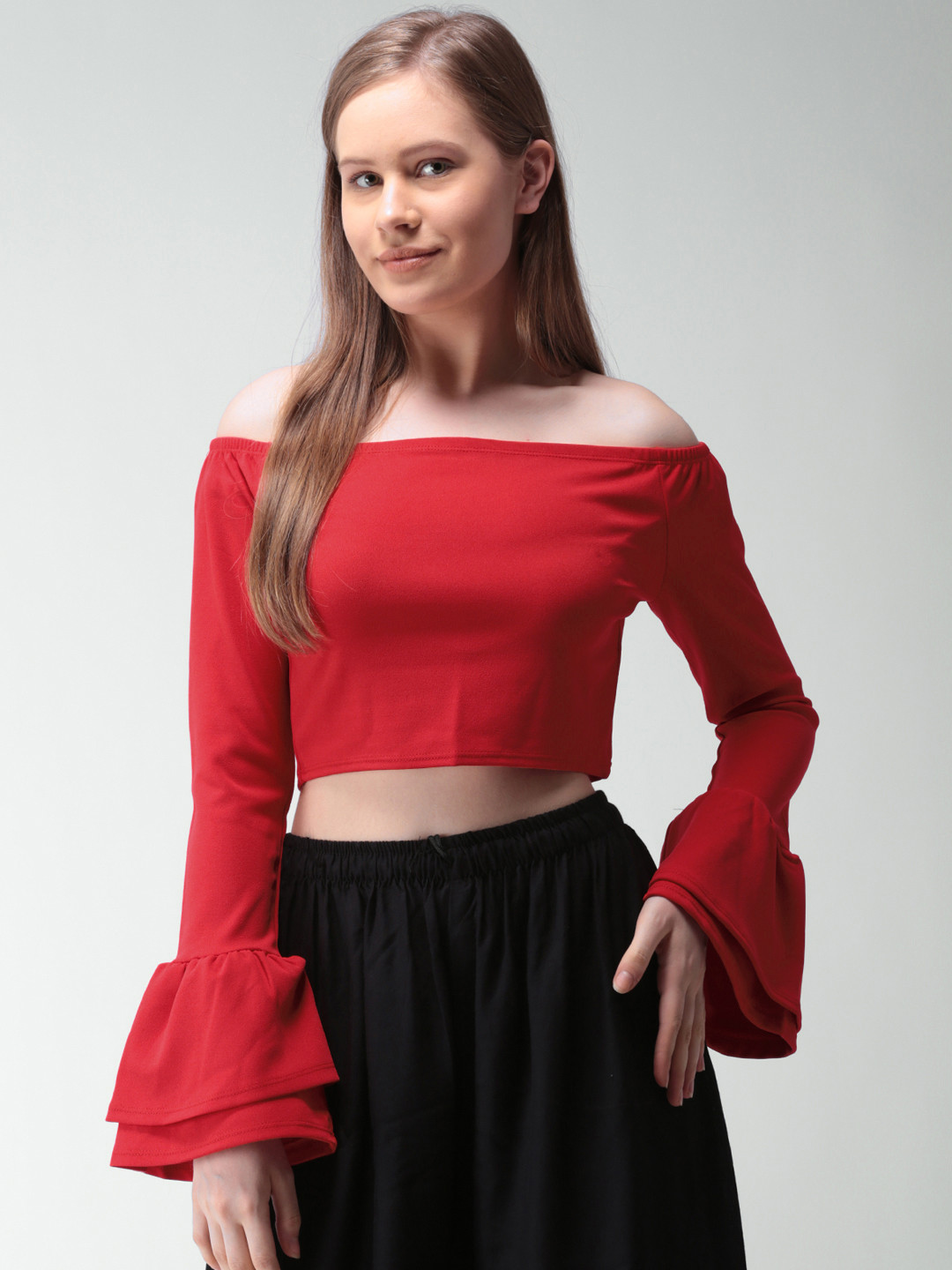 Buy FOREVER 21 Women Red Solid Bardot Off Shoulder Crop Top - Tops for ...