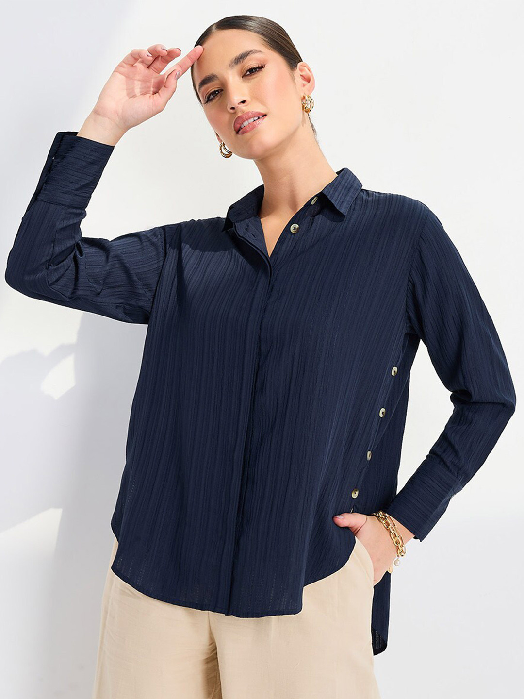 Buy Styli Navy Blue Self Design Striped Casual Shirt - Shirts for Women ...