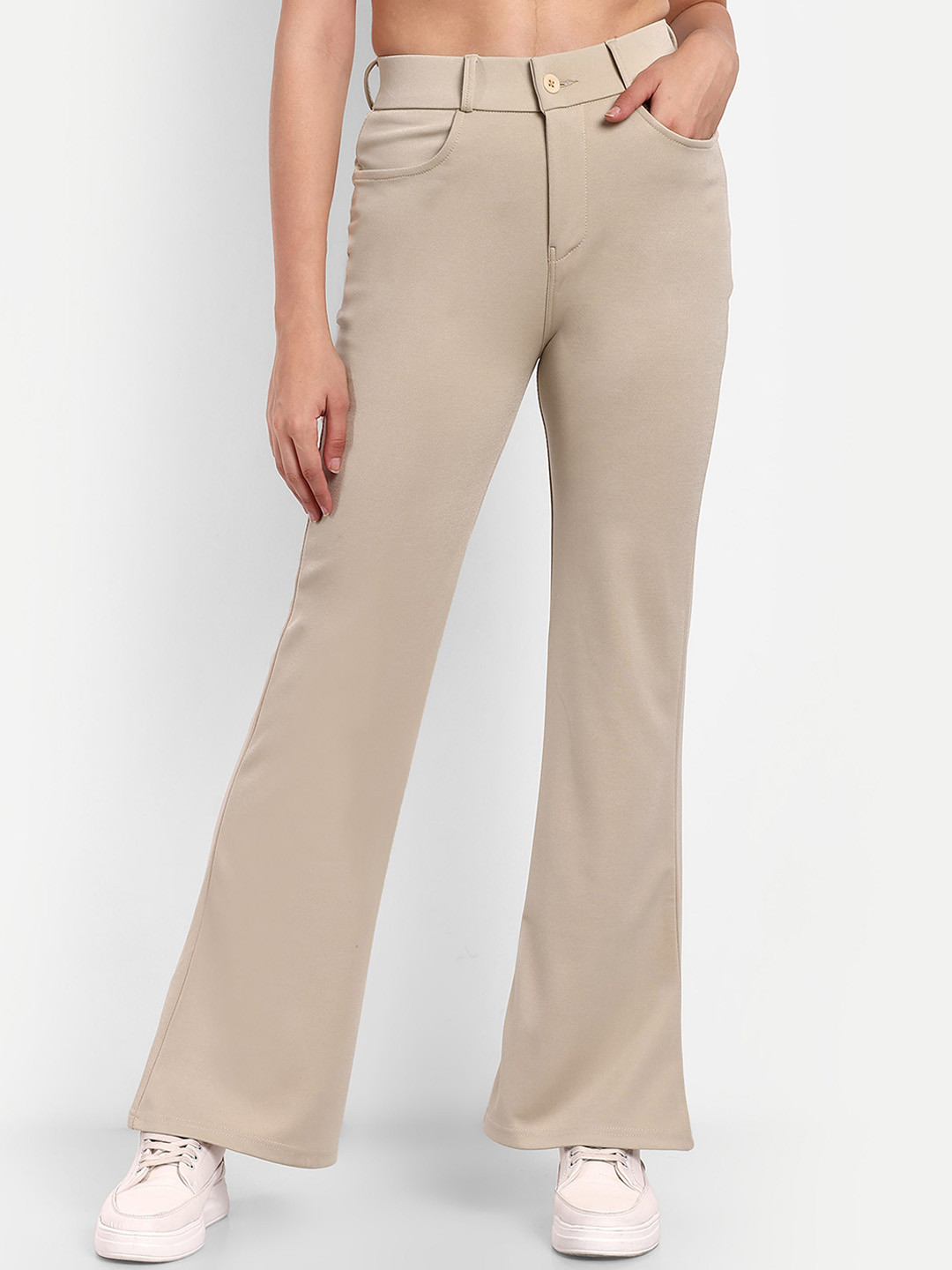 Buy BROADSTAR Women Smart Flared High Rise Easy Wash Bootcut Trousers ...