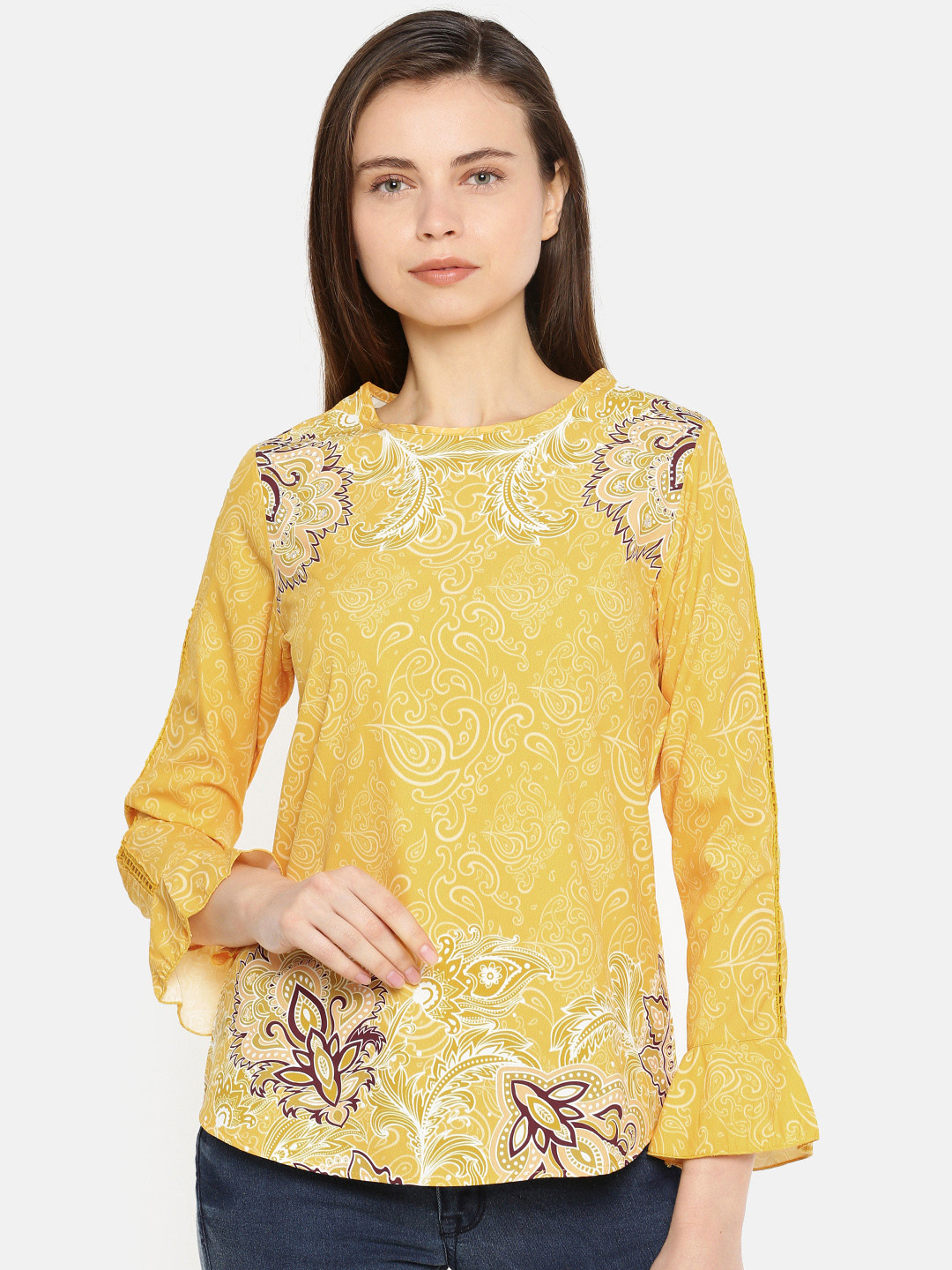 Buy OPt Women Mustard Yellow Ethnic Print Regular Top - Tops for Women ...