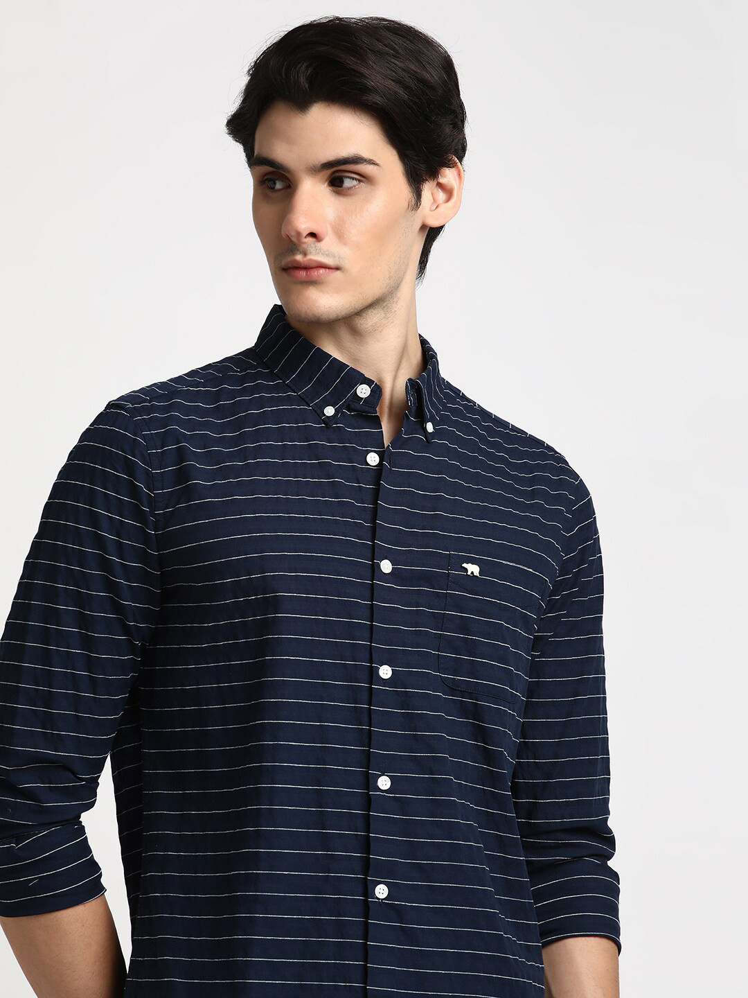 Buy THE BEAR HOUSE Slim Fit Horizontal Stripes Opaque Pure Cotton ...