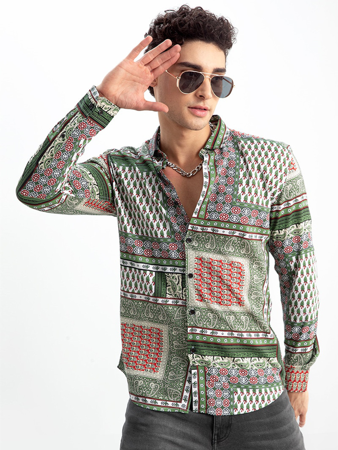 Buy Snitch Green Slim Fit Ethnic Motifs Printed Casual Shirt - Shirts ...