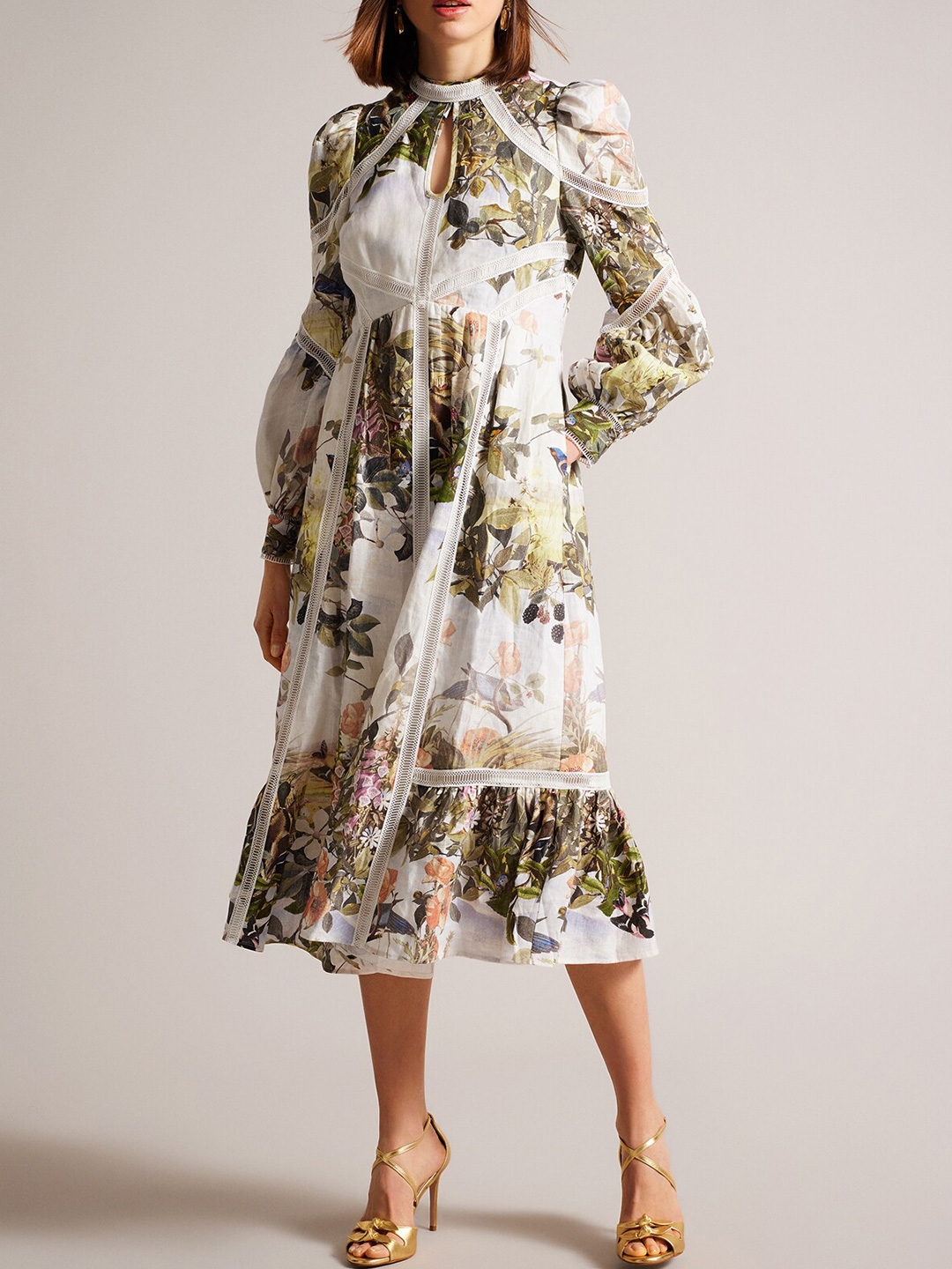 Buy Ted Baker Floral Printed Puff Sleeve Linen A Line Midi Dress