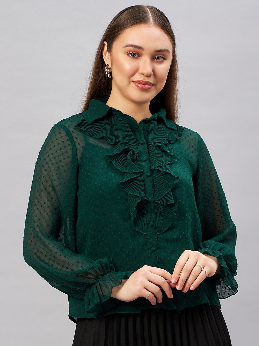 Buy Antheaa Elit Self Design Ruffled Chiffon Shirt Style Top - Tops for ...