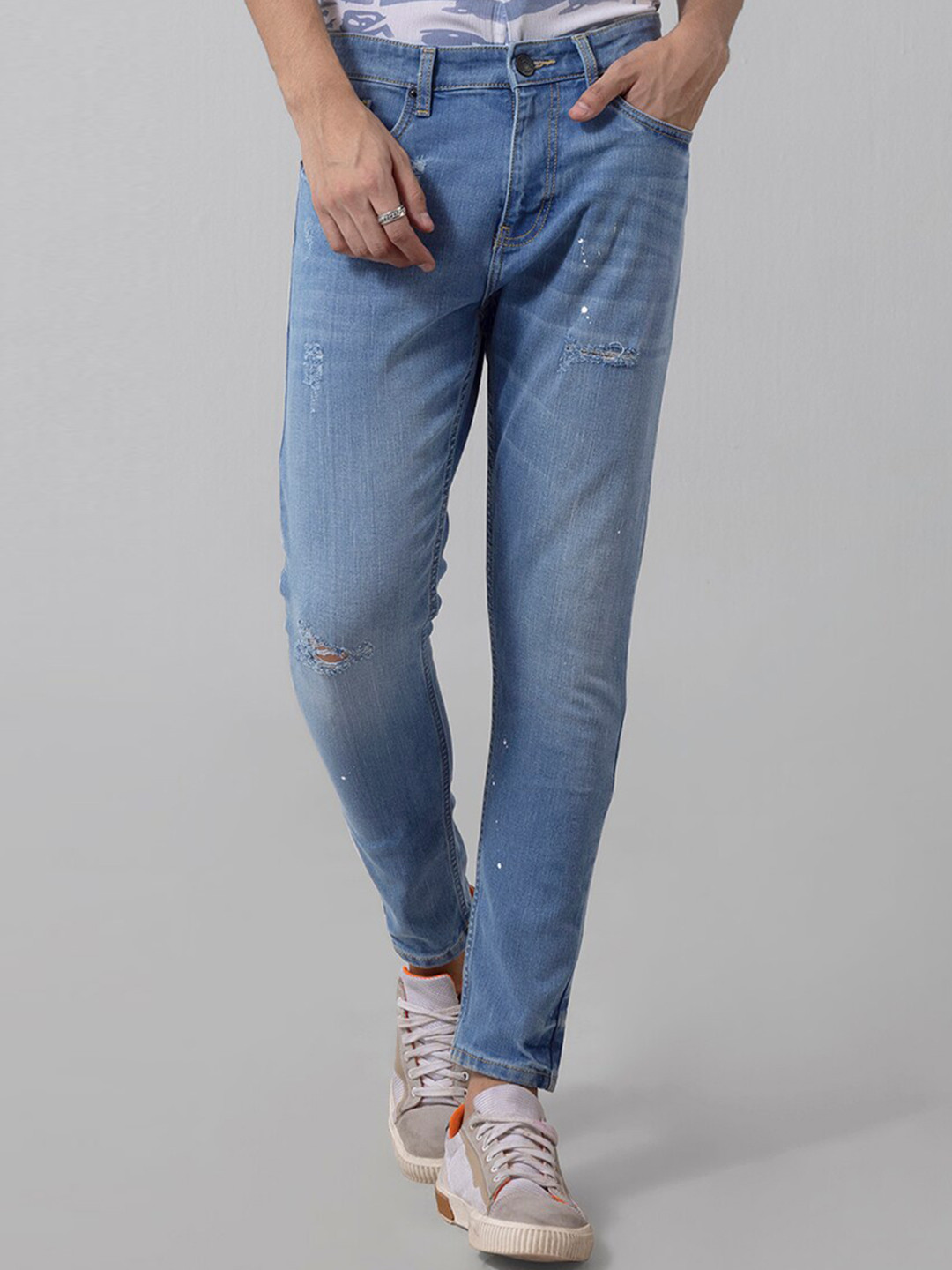 Buy Snitch Men Blue Slash Knee Light Fade Skinny Fit Stretchable Jeans ...