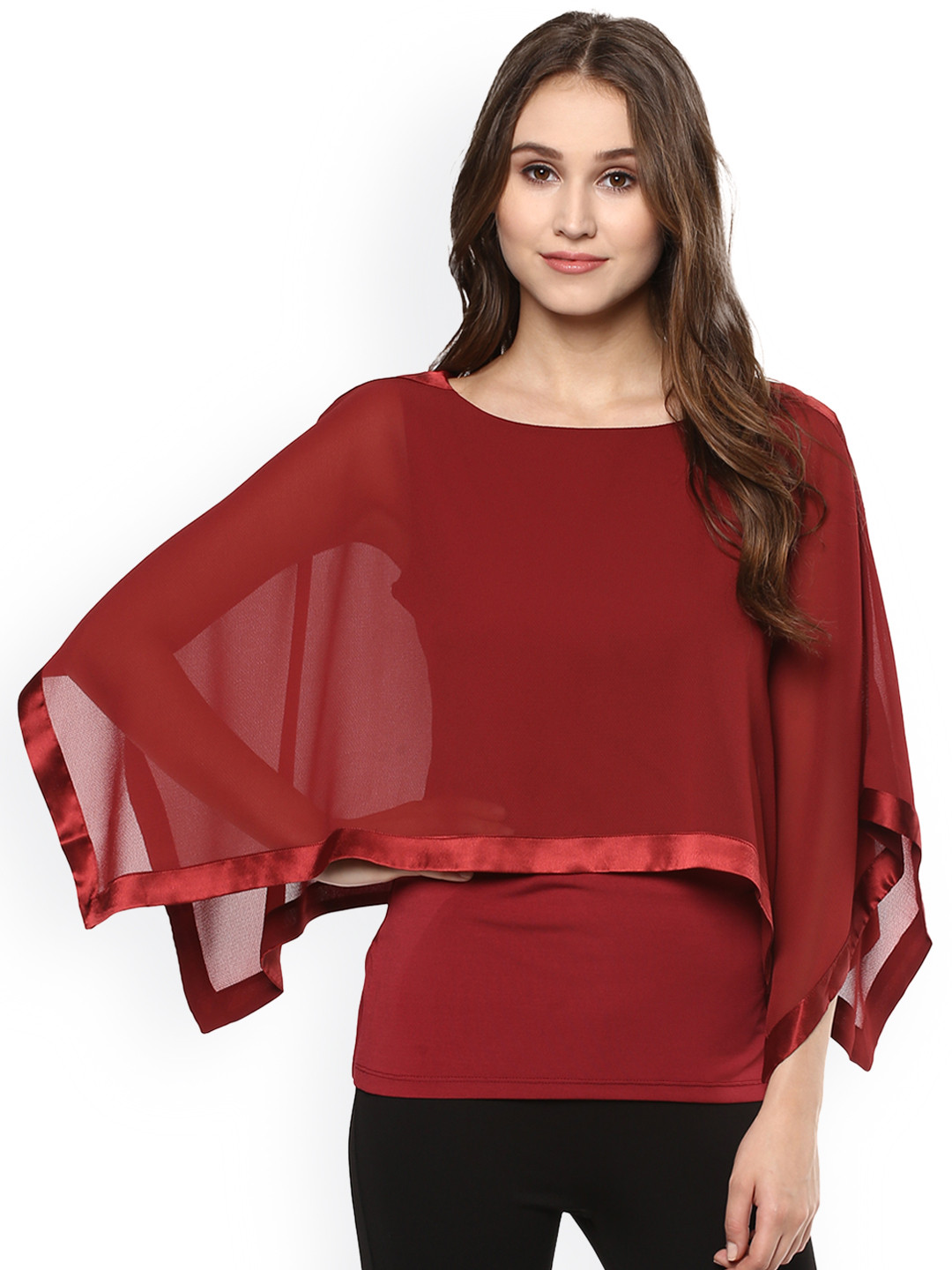 Buy Kazo Women Maroon Solid Top With Cape Sleeves - Tops for Women ...