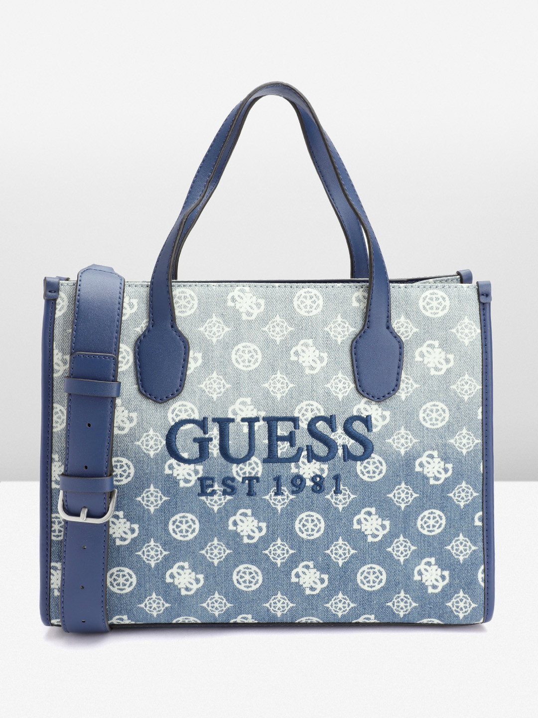Buy GUESS Women Brand Logo Printed Structured Denim Handheld Bag With ...