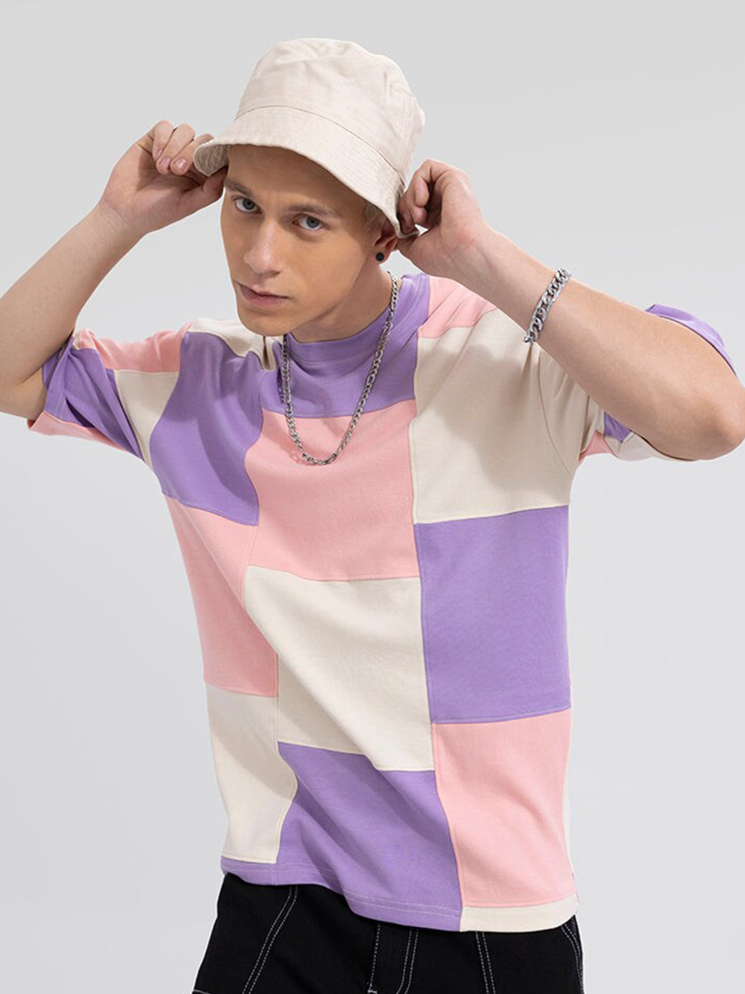 Buy Snitch Pink & White Colourblocked Drop Shoulder Sleeves Cotton ...
