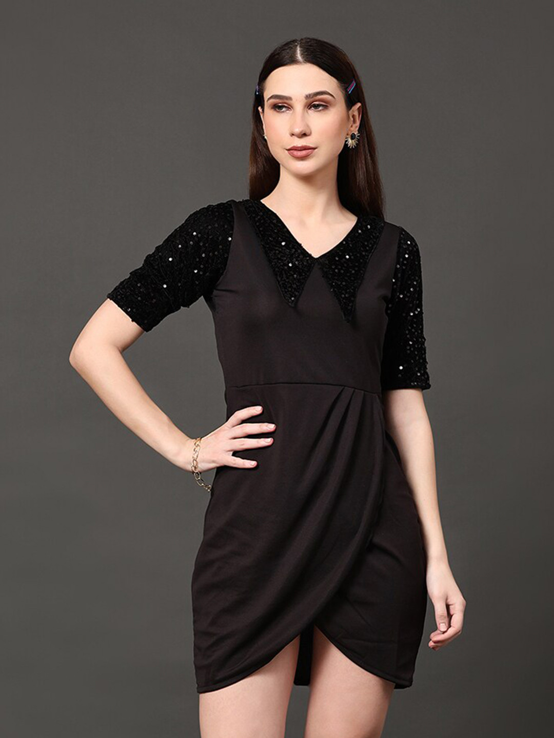 Buy Ziva Fashion Embellished Sequinned Above Keyboard Collar Wrap Dress ...