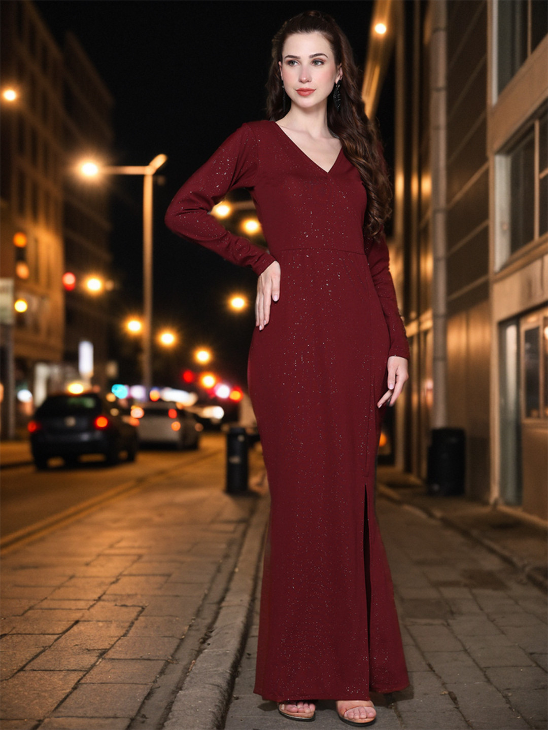 Buy Ziva Fashion Self Design V Neck Long Sleeve Shimmery Maxi Dress ...