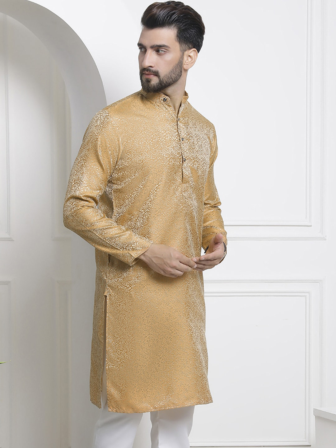 Buy SOJANYA Men Mustard Yellow Ethnic Motifs Embroidered Kurta - Kurtas ...