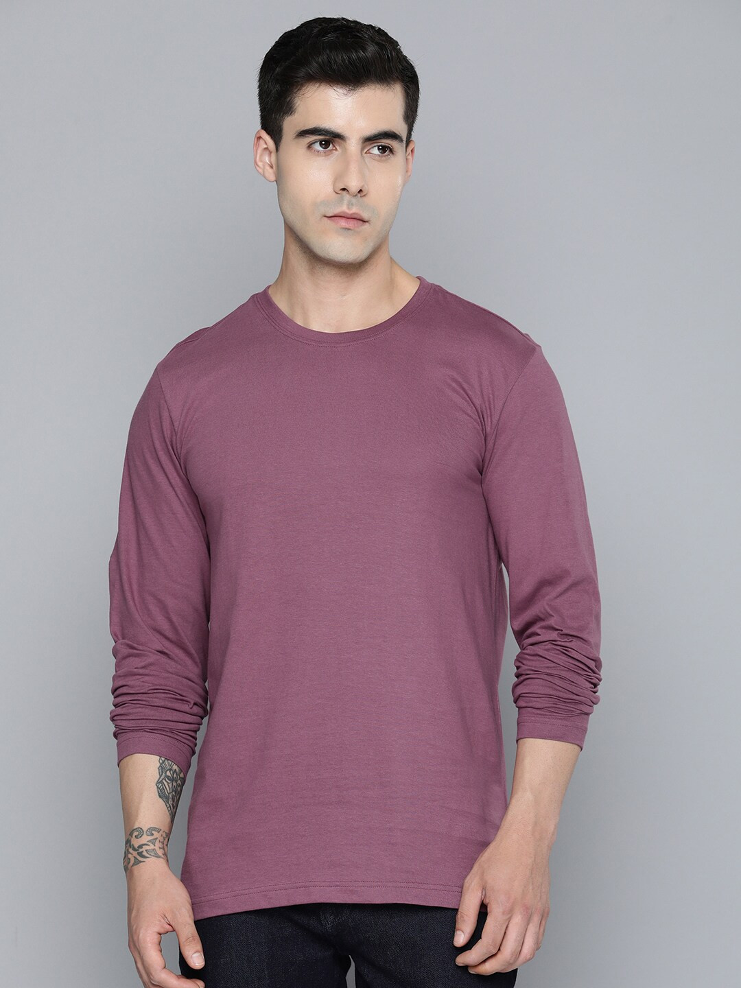 Buy Mast & Harbour Purple Round Neck Long Sleeve Cotton T Shirt ...