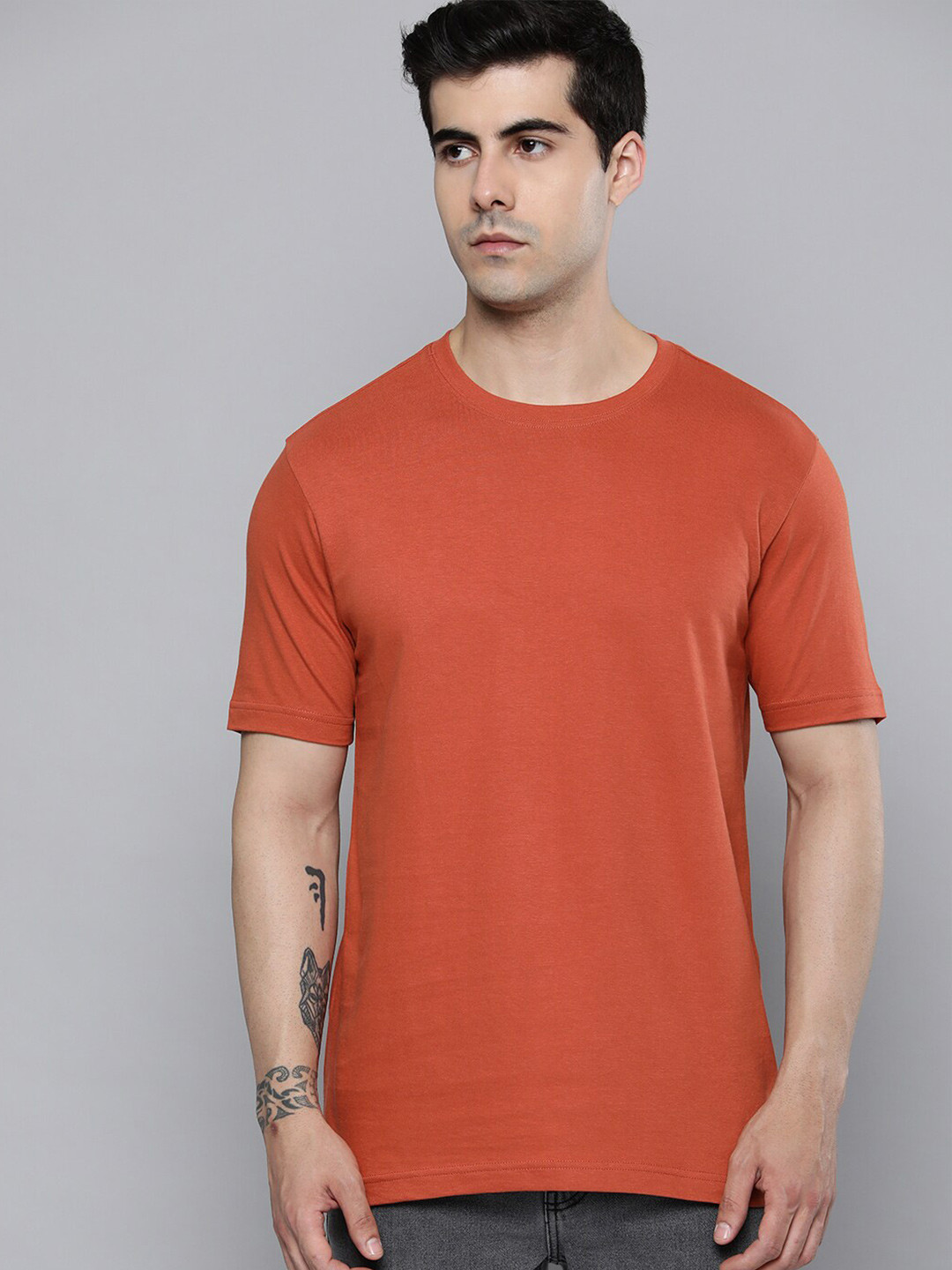 Buy Mast & Harbour Orange Round Neck Regular Fit Cotton T Shirt ...