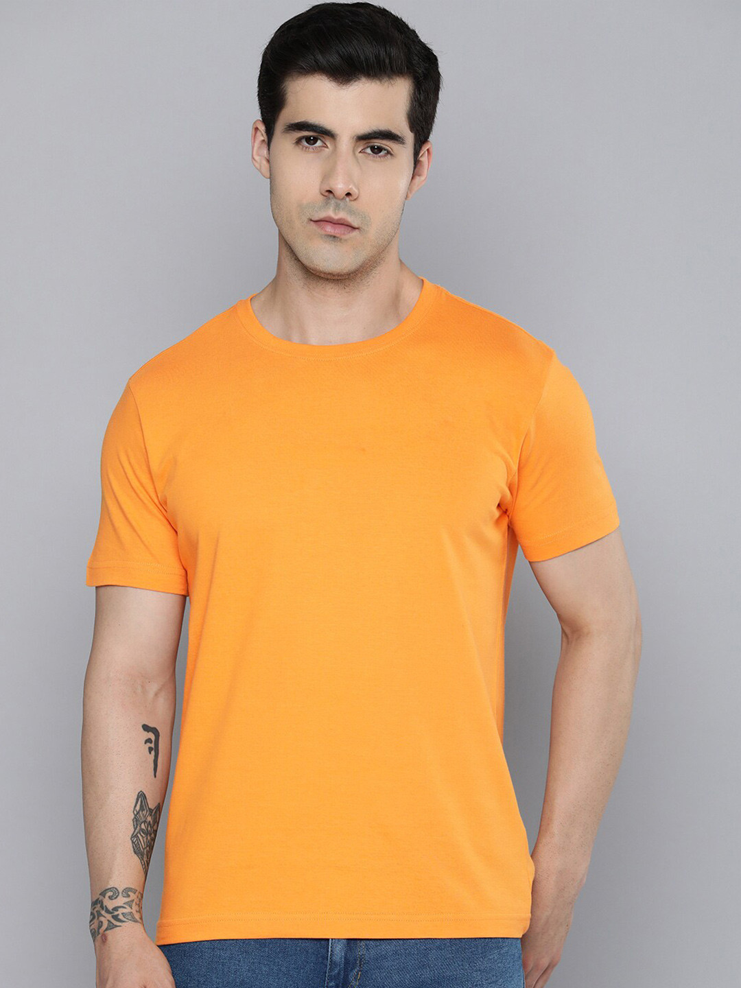 Buy Mast & Harbour Orange Round Neck Regular Fit Cotton T Shirt ...