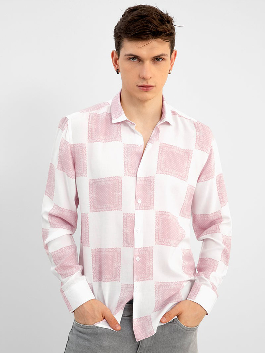 Buy Snitch Pink Checks Checked Spread Collar Classic Slim Fit Casual ...