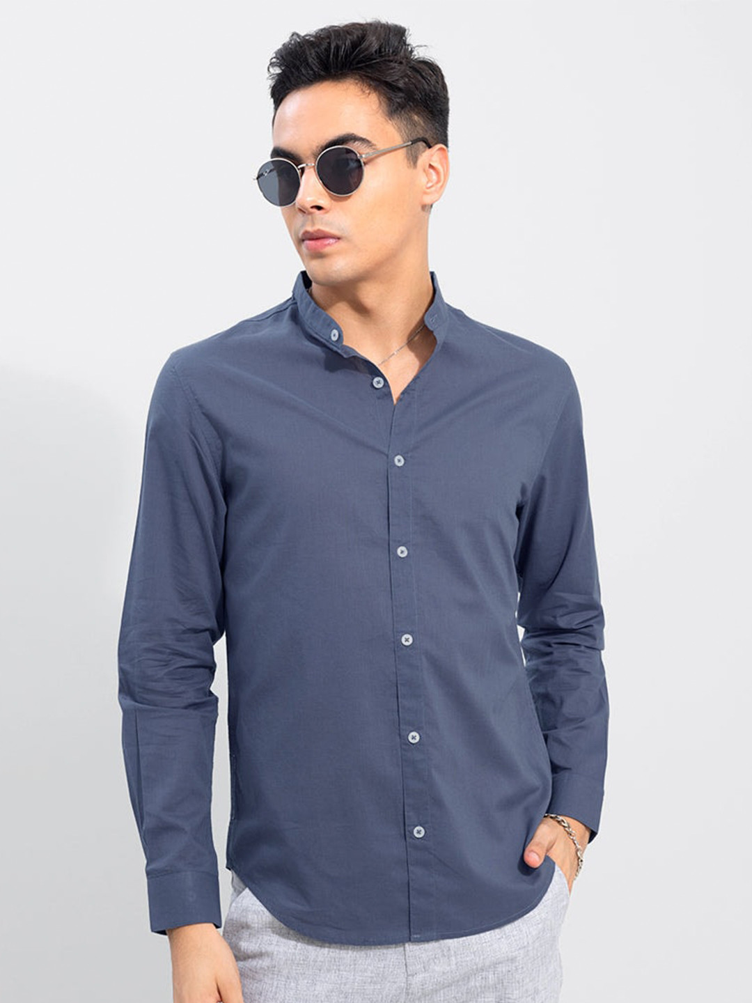 Buy Snitch Blue Classic Slim Fit Band Collar Opaque Cotton Casual Shirt ...
