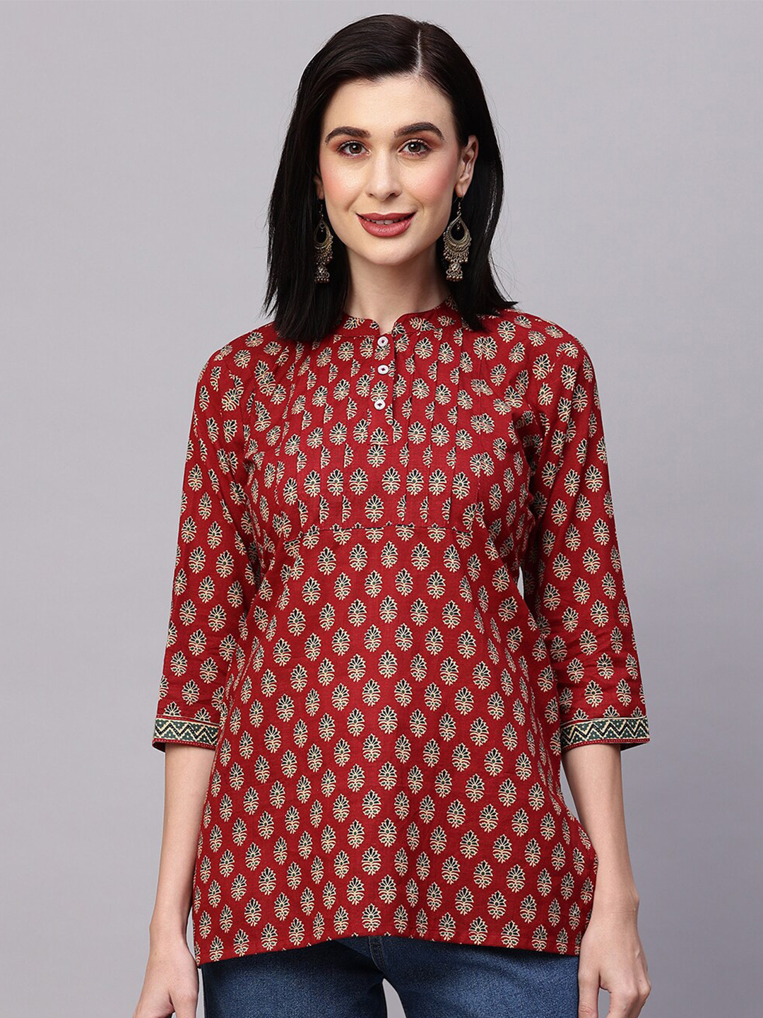 Buy HERE&NOW Maroon Ethnic Motifs Printed Mandarin Collar Pure Cotton ...